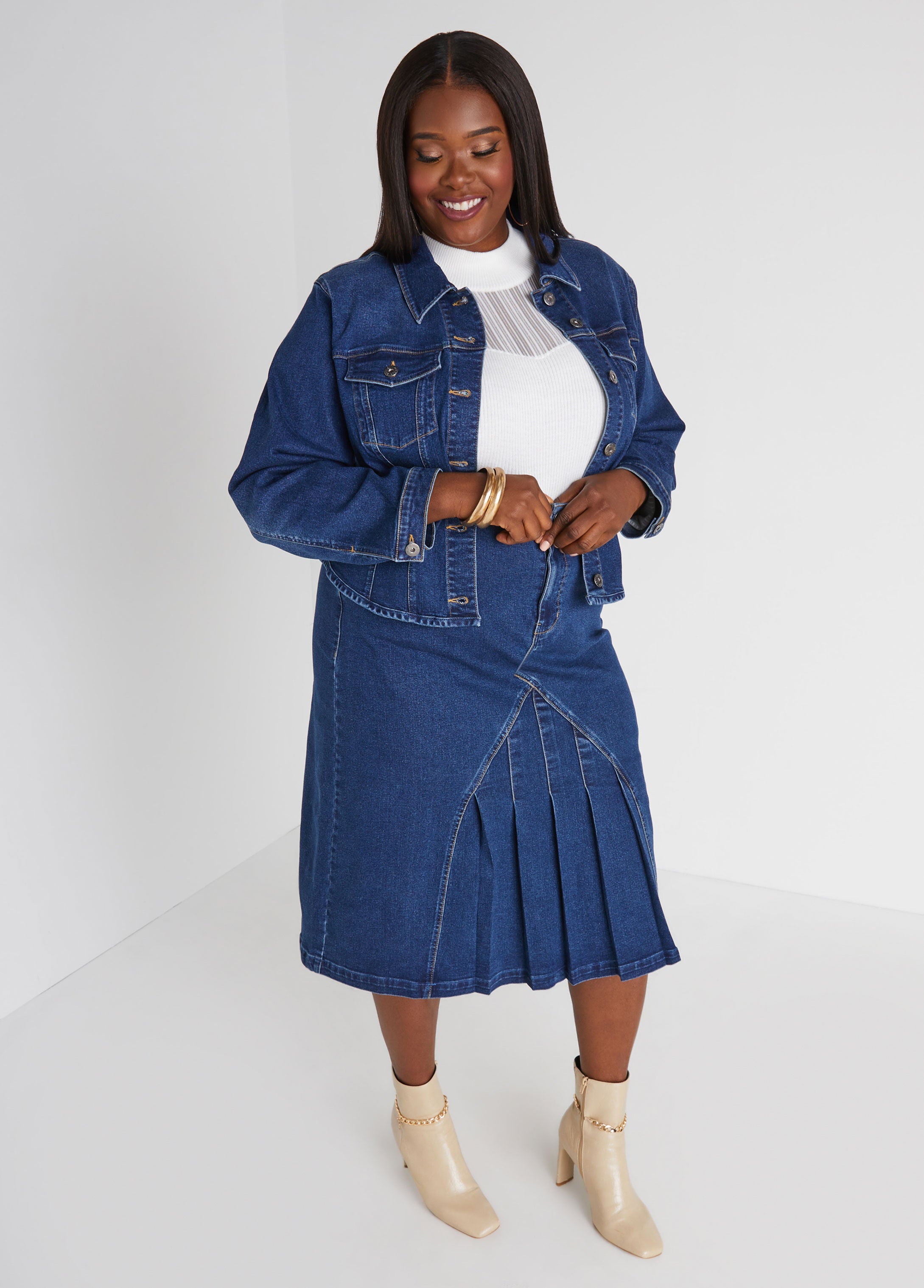 Plus Size pleated midi denim skirt plus size jean skirt set – Ashley ...